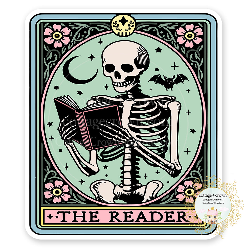 Book Tarot Card The Reader Skeleton Boho Vinyl Decal Sticker – cottage ...