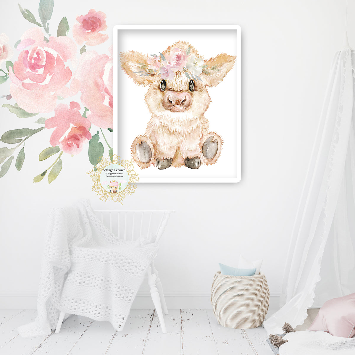 Boho Highland Cow Blush Baby Farm Animal Farmhouse Wall Art Print ...